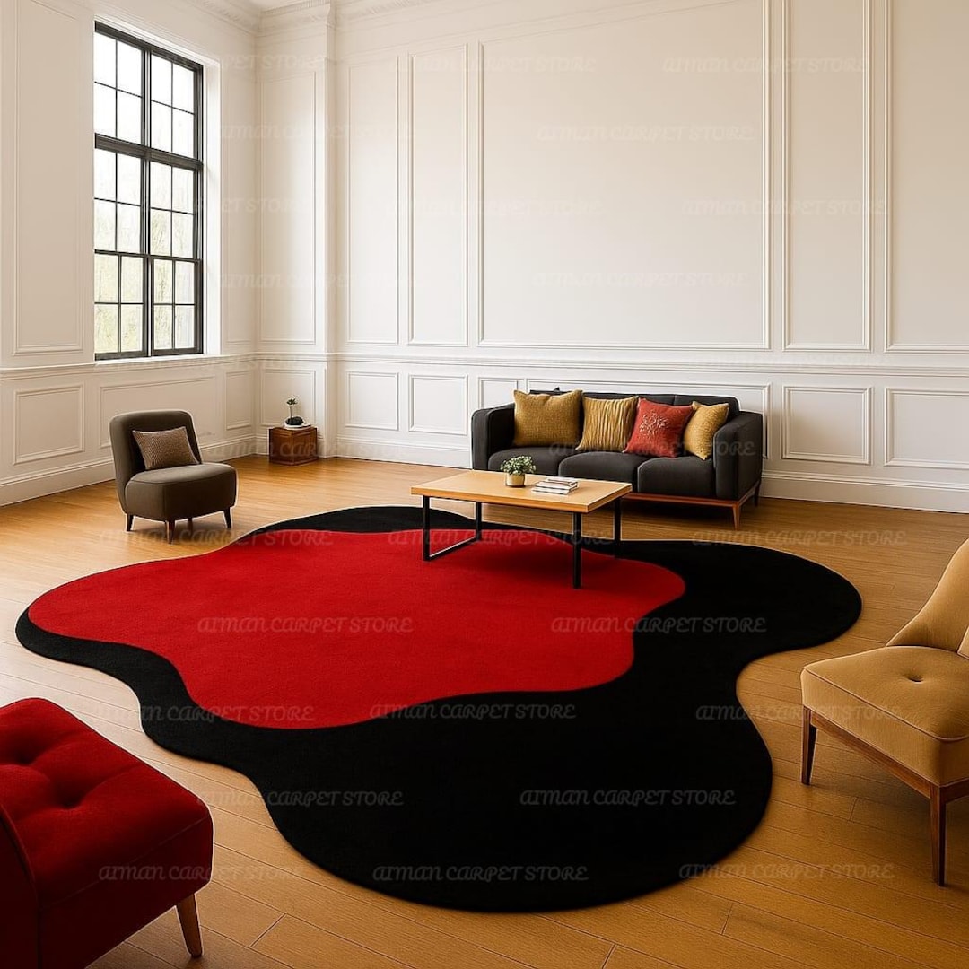 Modern Abstract Red and Black Area Rug: Organic Shape, Minimalist ...