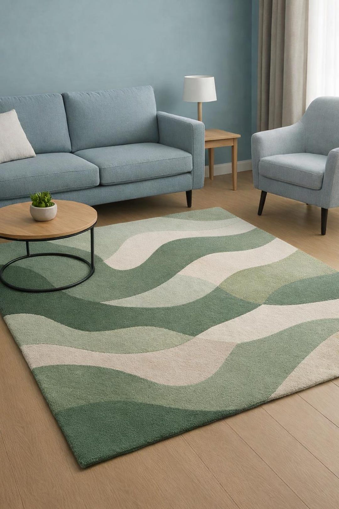 Sage Green Abstract Rug, Modern Wavy Area Rug, Green & Cream Minimalist ...