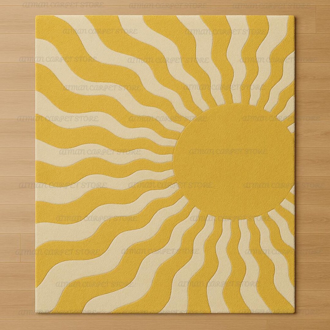 Hand Tufted Wool Sunburst Rug: Yellow & White Wavy Design Sunset ...