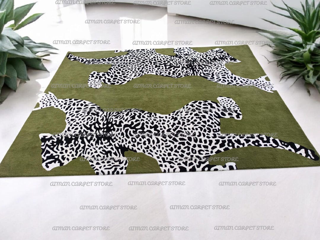 Climbing Leopard Hand-tufted Green Wool Area Rug for Living Room or ...