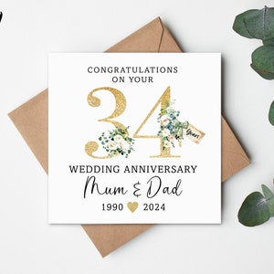 34 Year Wedding Anniversary Card, Personalised Anniversary Card, 34 ...