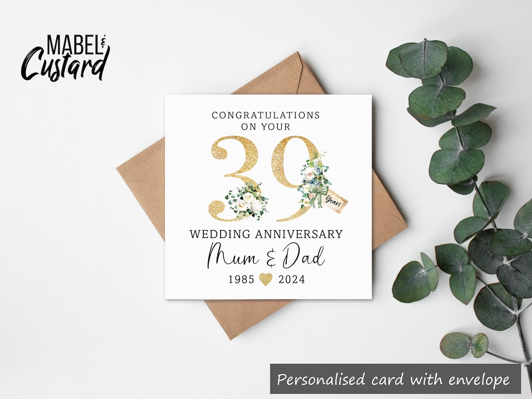 39 Year Wedding Anniversary Card, Personalised Anniversary Card, 39 ...
