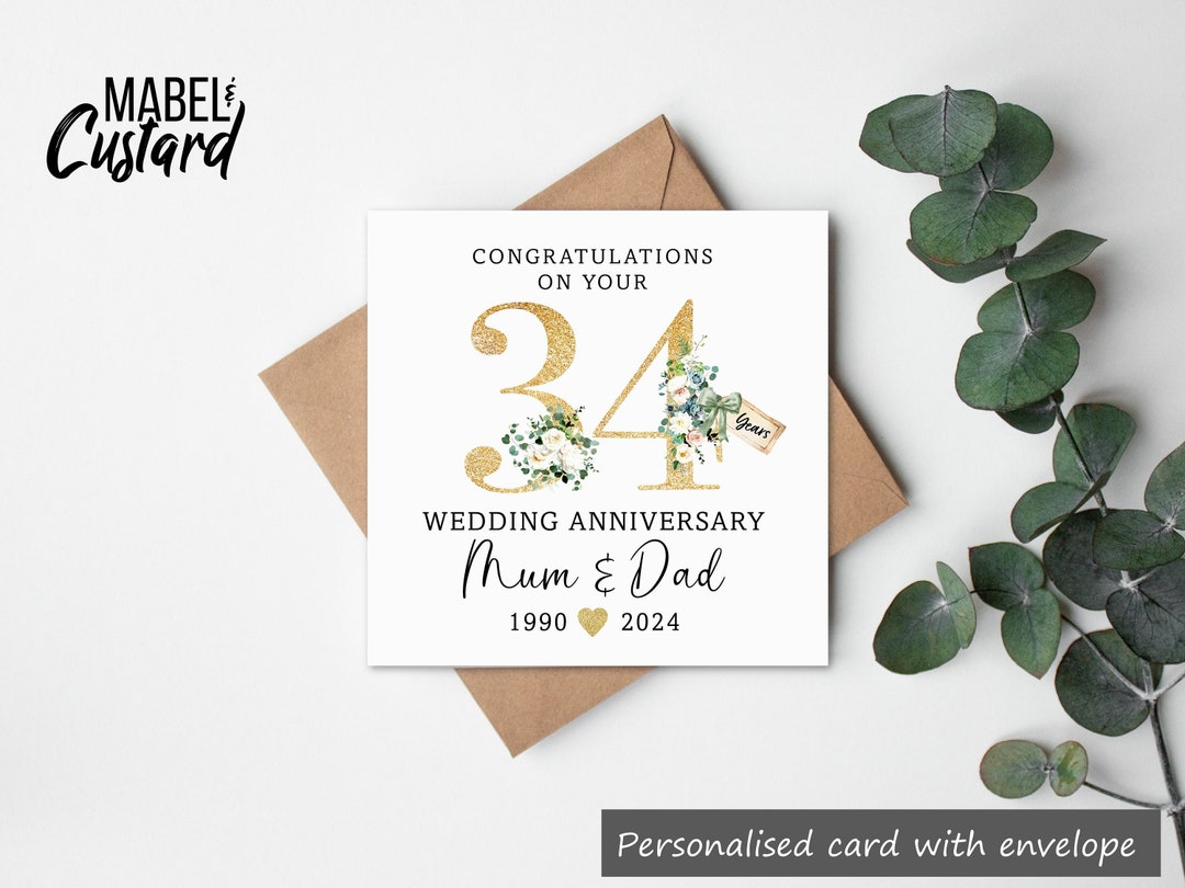 34 Year Wedding Anniversary Card, Personalised Anniversary Card, 34 ...