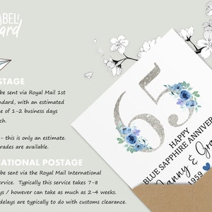 Blue Sapphire Wedding Anniversary Card, Personalised Card, 65th Wedding Card, Anniversary Card ...