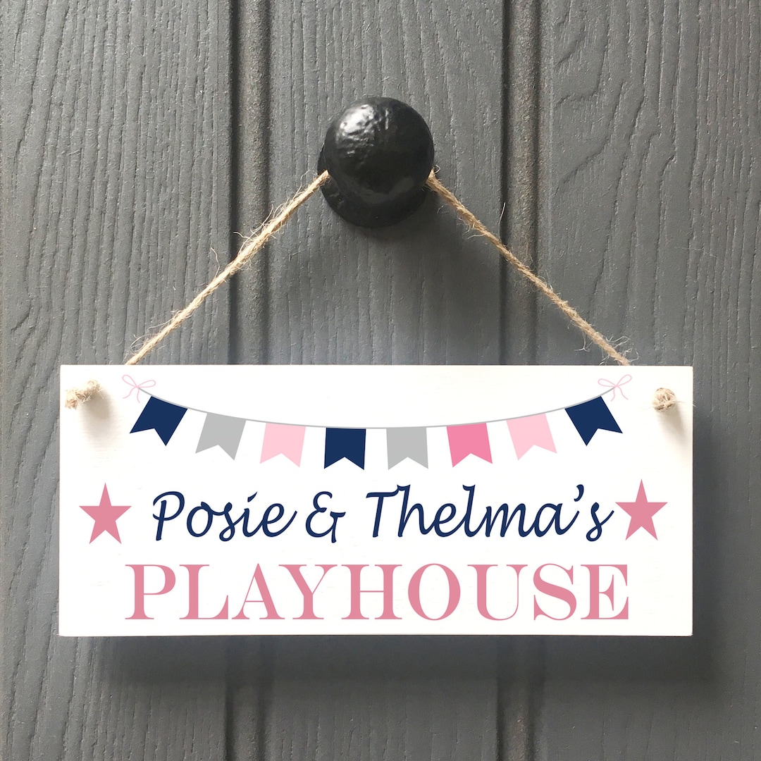 PERSONALISED PLAYHOUSE SIGN Pink Navy Grey Bunting Kids Playhouse Sign ...