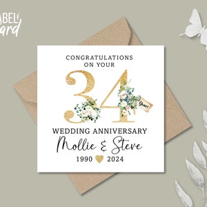 34 Year Wedding Anniversary Card, Personalised Anniversary Card, 34 ...