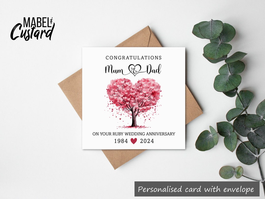 Ruby Wedding Anniversary Card, Personalised Card, Ruby Wedding Card ...