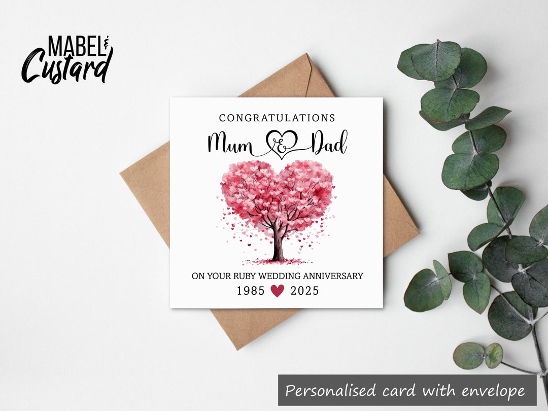 Ruby Wedding Anniversary Card, Personalised Card, Ruby Wedding Card ...