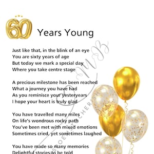 60th Birthday Poem Print: Sixty Years Young Milestone (digital Download ...