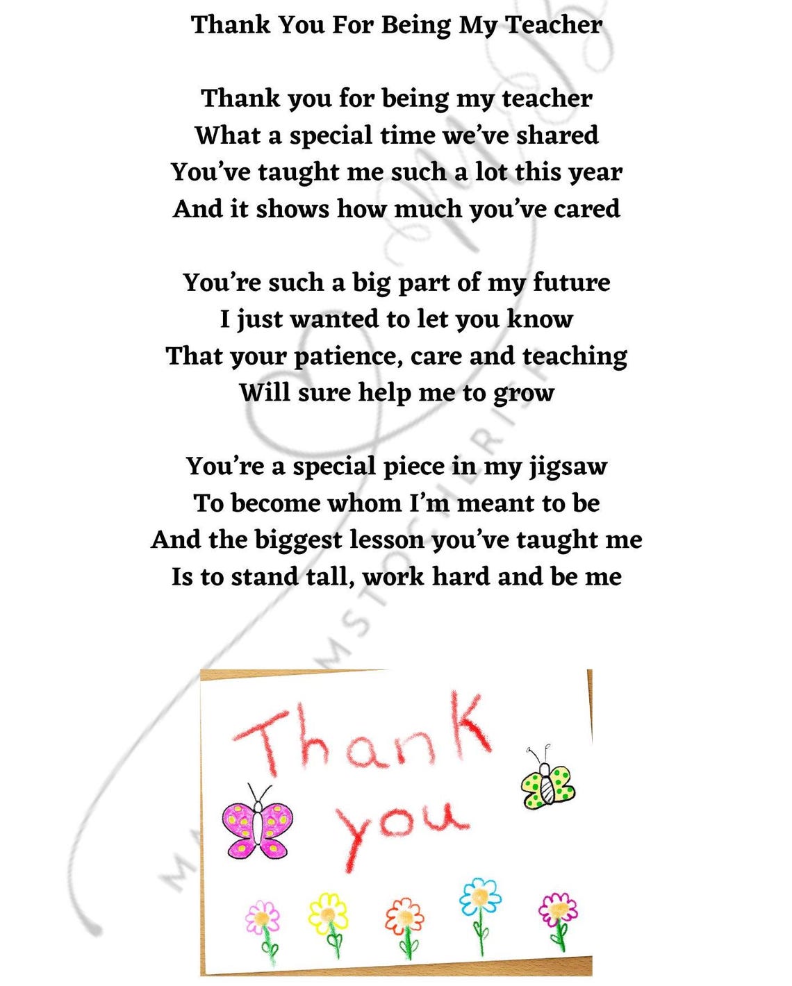 Teacher Gift/teacher Poem/thank You Poem for Teacher/christmas Gift for ...
