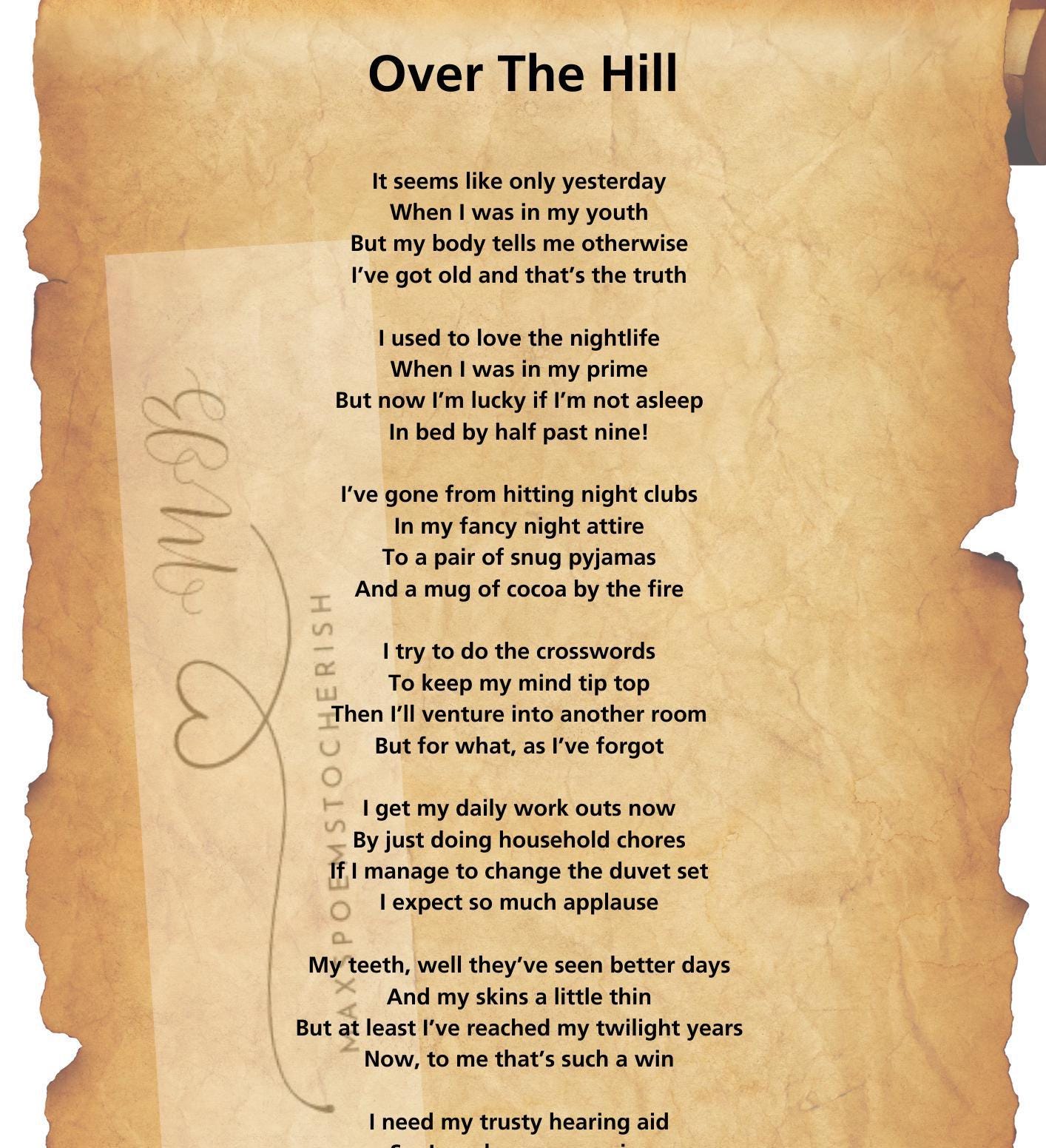 Over the Hill - Humorous Poem/funny Poem/old Age/ageing Poem/gift for ...