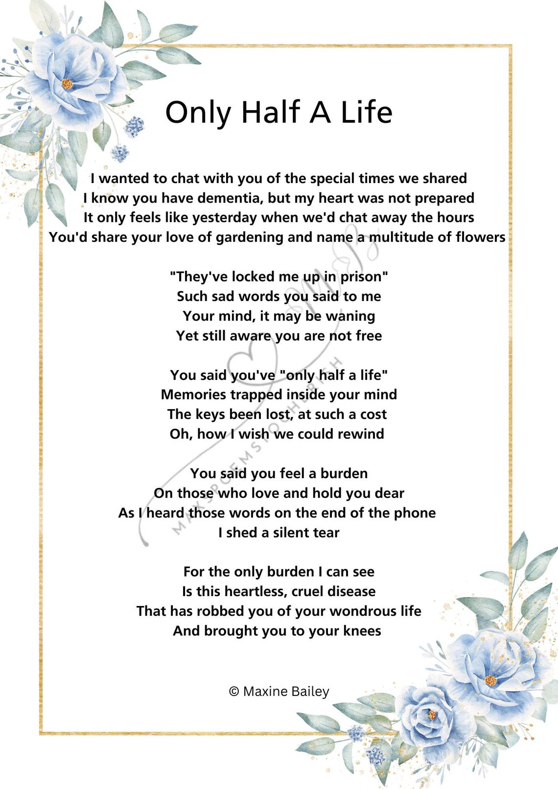 Dementia Poem - Only Half A Life - Alzheimer's/dementia/memory Loss ...