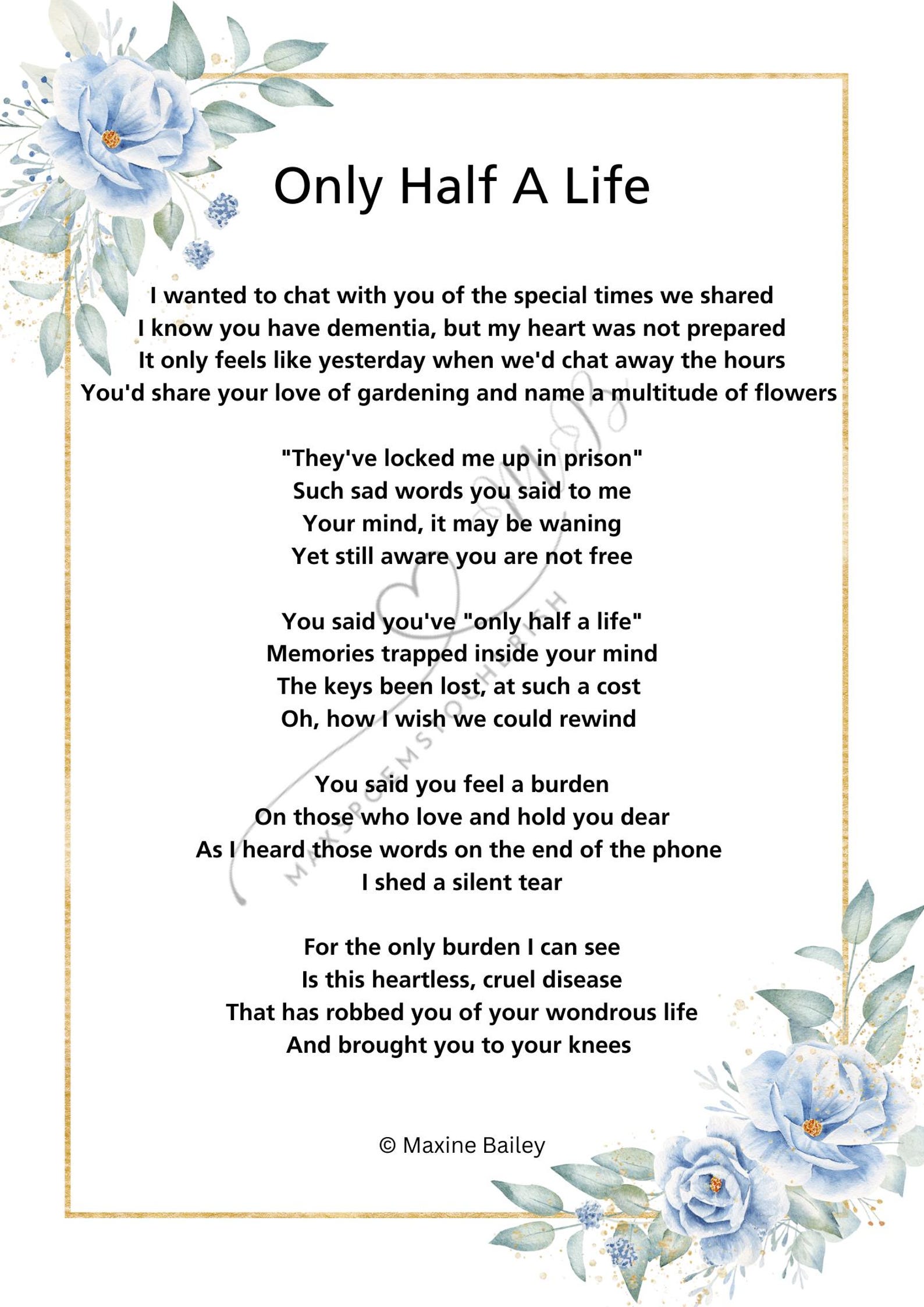 Dementia Poem Print - 'only Half A Life' - Alzheimer's Gift (digital ...