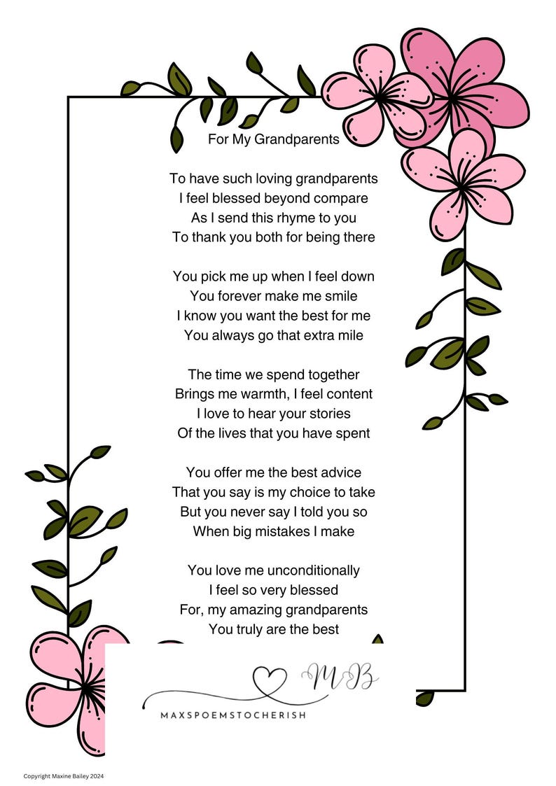 Grandparents Poem Gift: Floral Art Print (digital Download) - Etsy