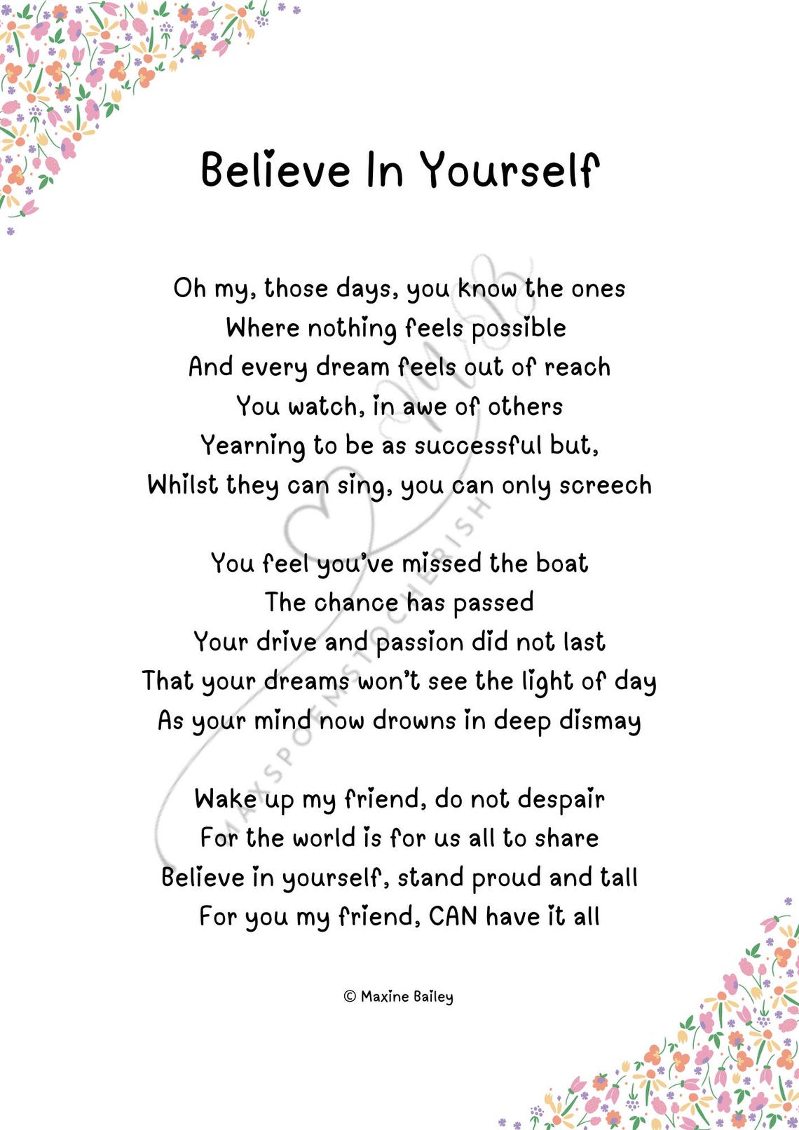 Believe in Yourself Poem: Motivational Digital Print (digital Download ...