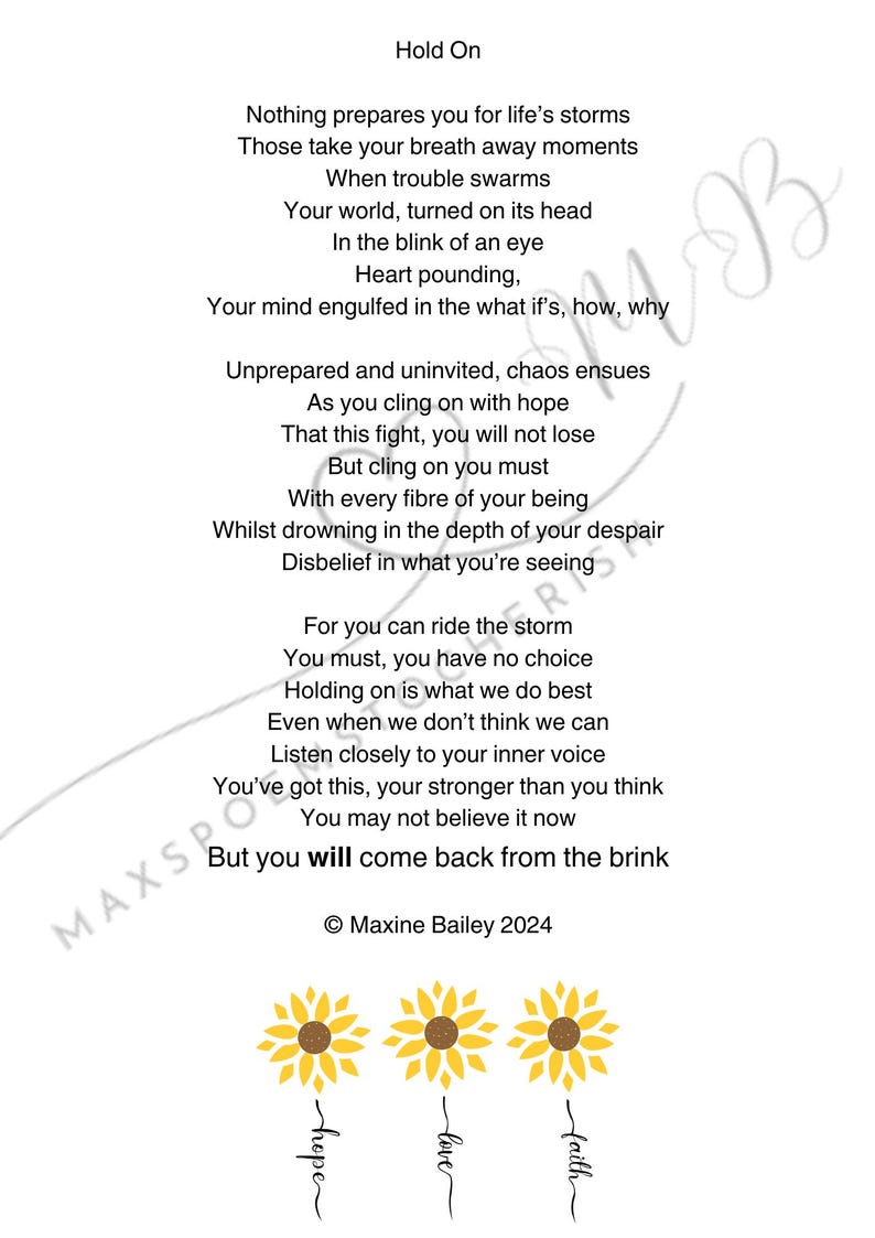 Motivational Poem Print: "hold On" Inspirational Art (digital Download ...