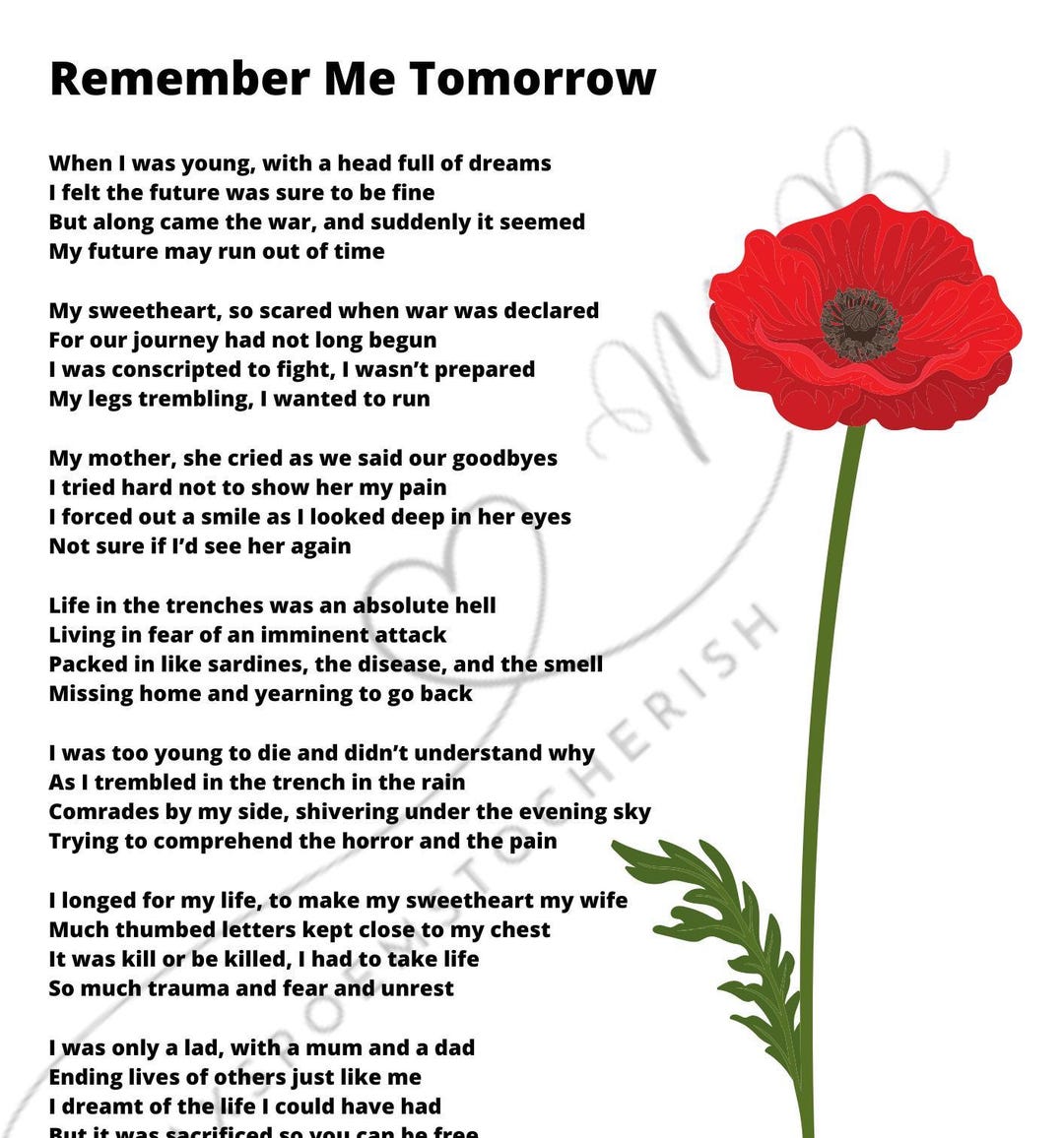 Remember Me Tomorrow - Remembrance Day/memorial Day/veterans Day ...