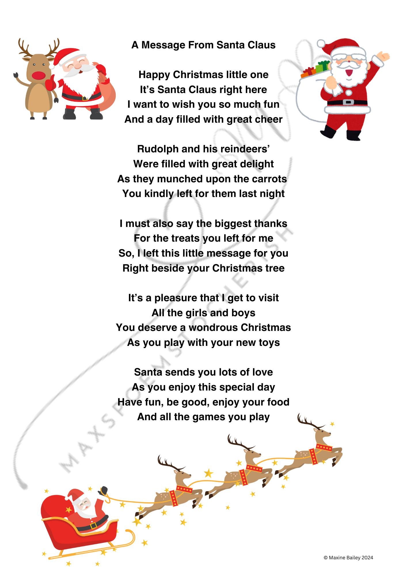 A Message From Santa Claus Happy Christmas Poem for Children gift for Boy gift for Girl rudolph reindeer xmas father Christmas Etsy
