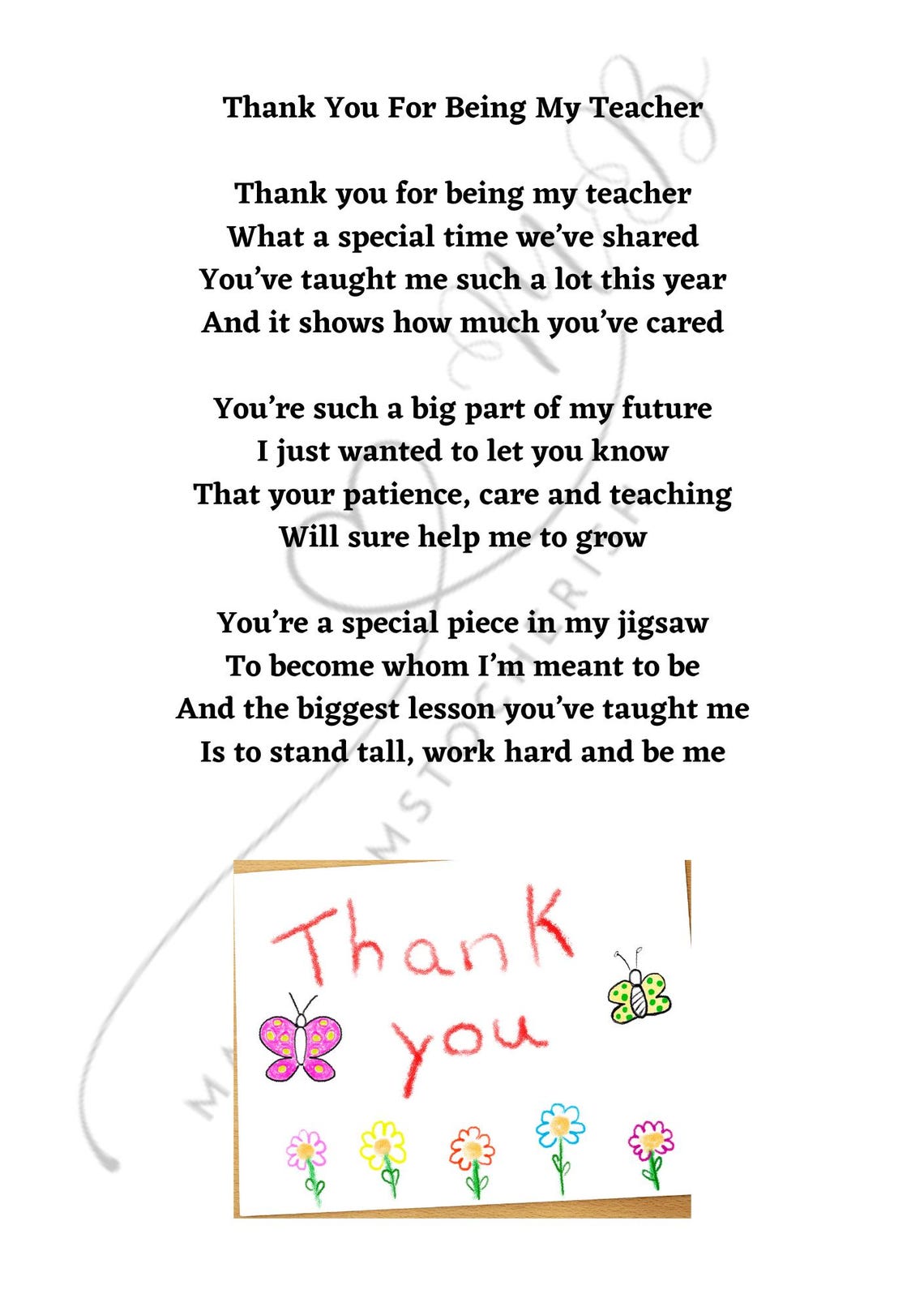 Teacher Gift/teacher Poem/thank You Poem for Teacher/christmas Gift for ...