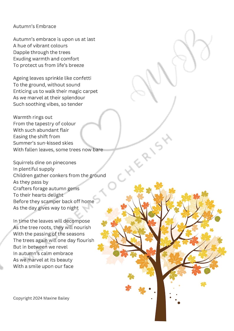 Autumn's Embrace - Poem About Autumn/seasons/warmth of Autumn/gift for ...