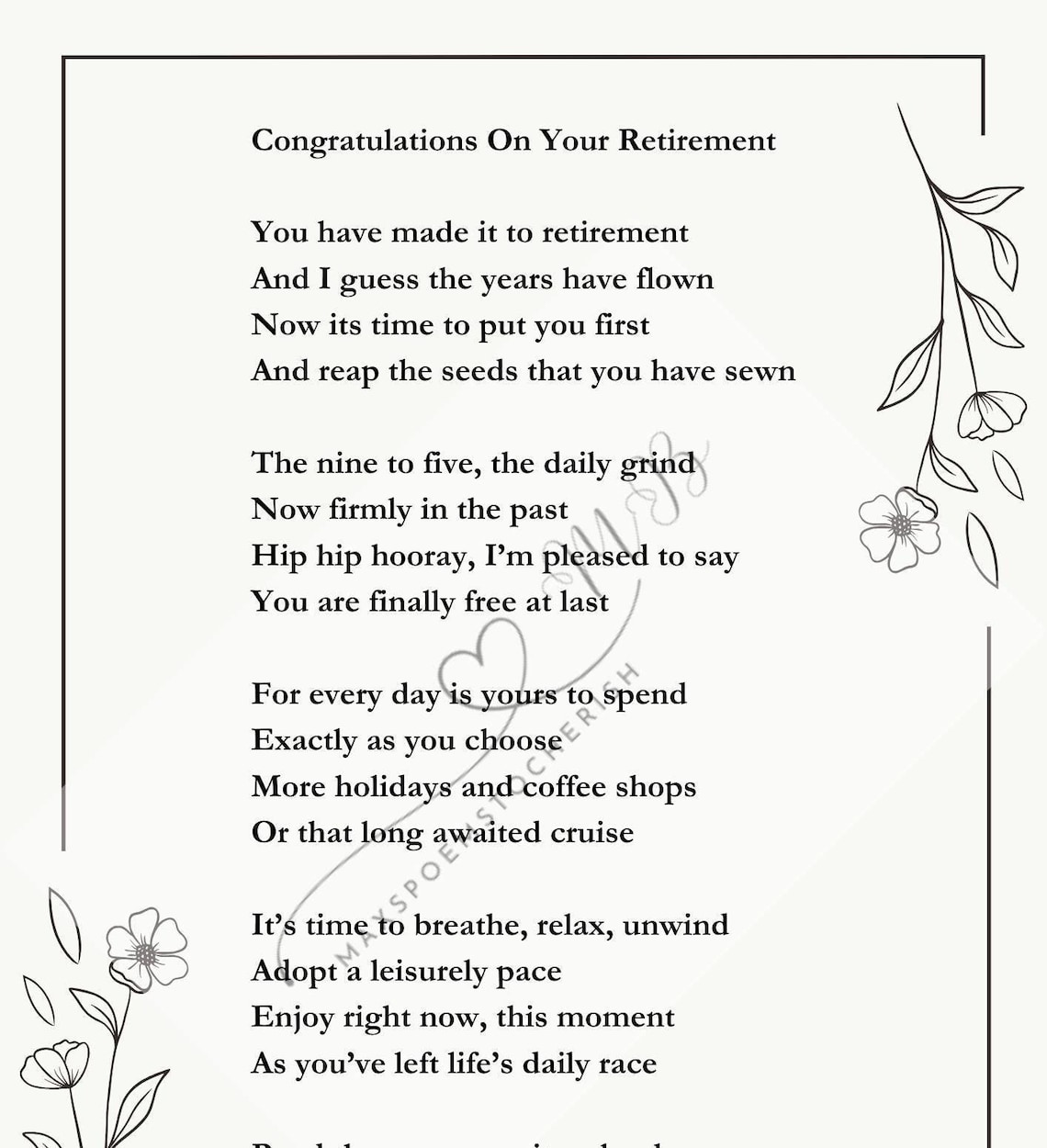 Retirement Poem: Heartfelt Congratulations Gift (digital Print) - Etsy
