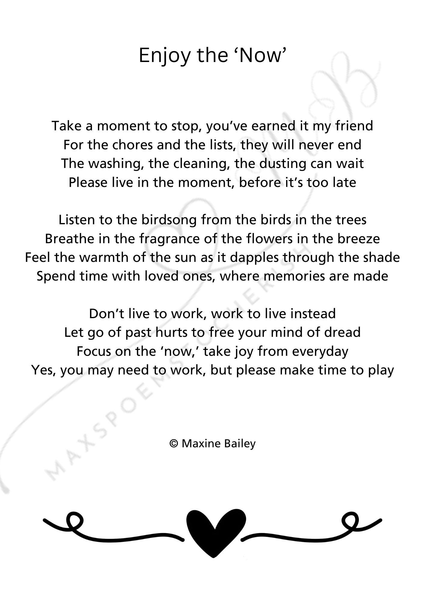 Enjoy the Now Poem - Motivational/inspirational/mindfulness/gift for a ...