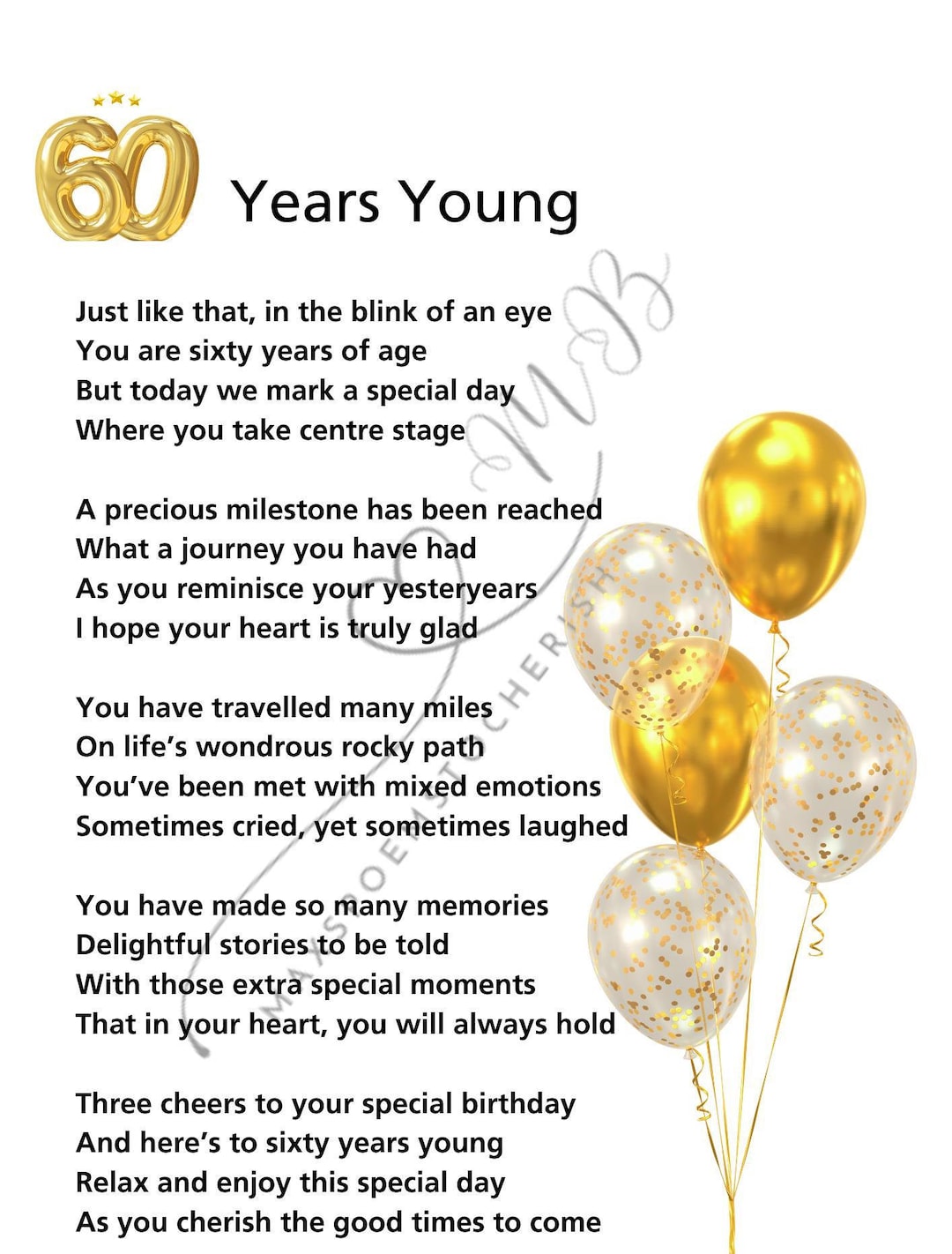 60th Birthday Poem Print: Sixty Years Young Milestone (digital Download ...