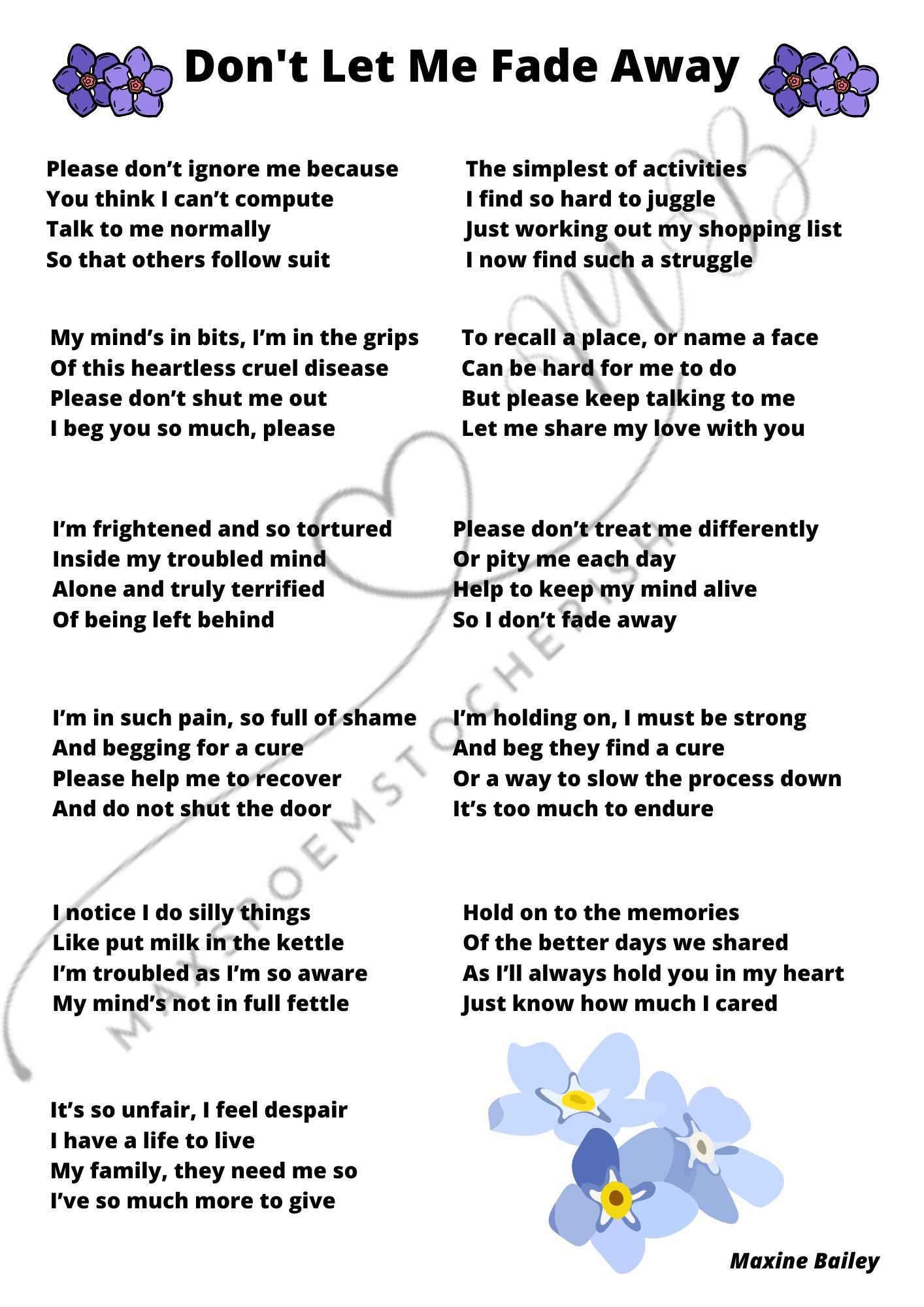 Dementia Poem Print: "don't Let Me Fade Away" - Alzheimer's Awareness ...