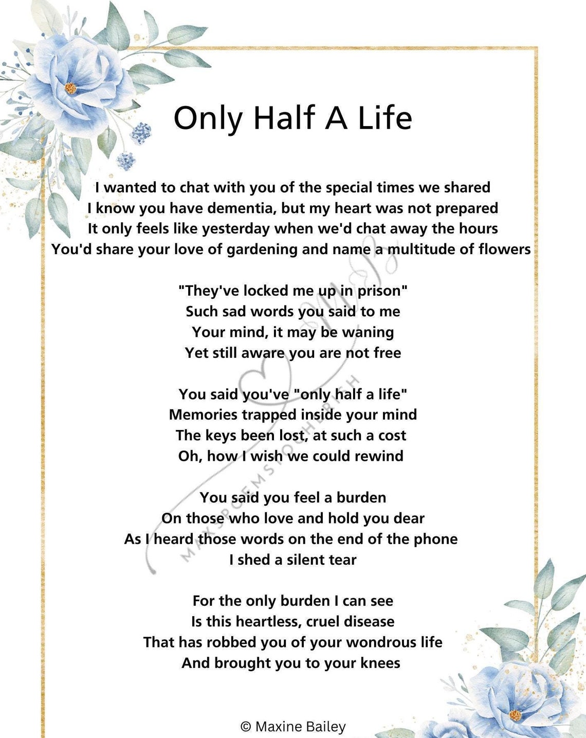 Dementia Poem Print - 'only Half A Life' - Alzheimer's Gift (digital ...