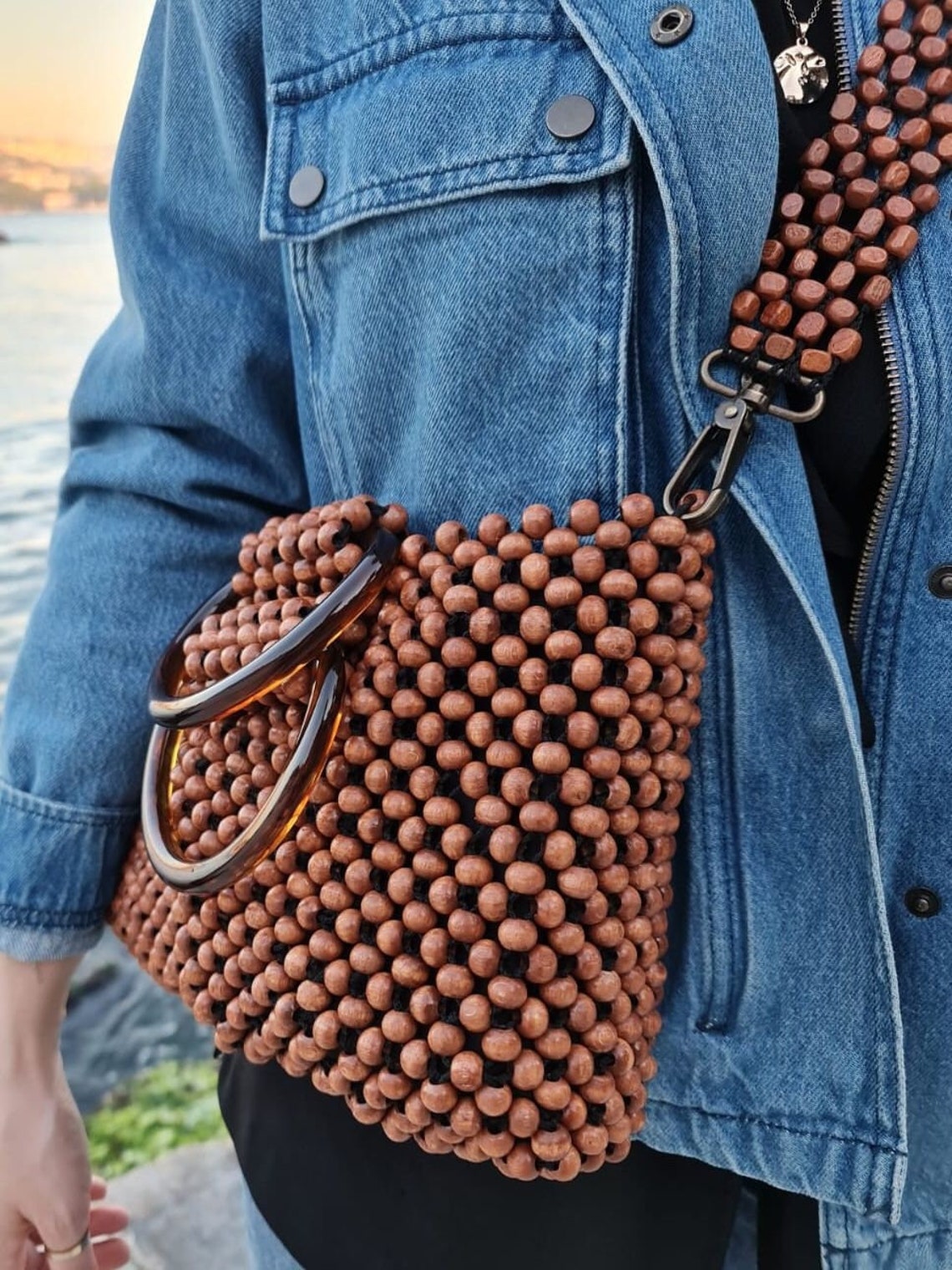 Handmade Wooden Bead Women Shoulder Tote Bag, Wooden Bead Shoulder Bag ...