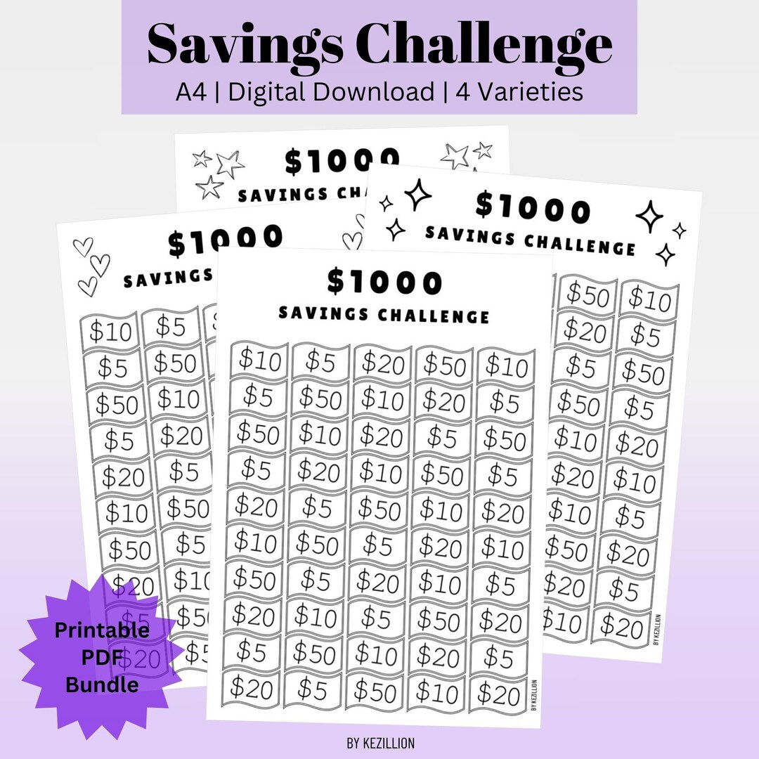 Savings Tracker Set | 1000 Dollars | A4 PDF Printable | Digital ...