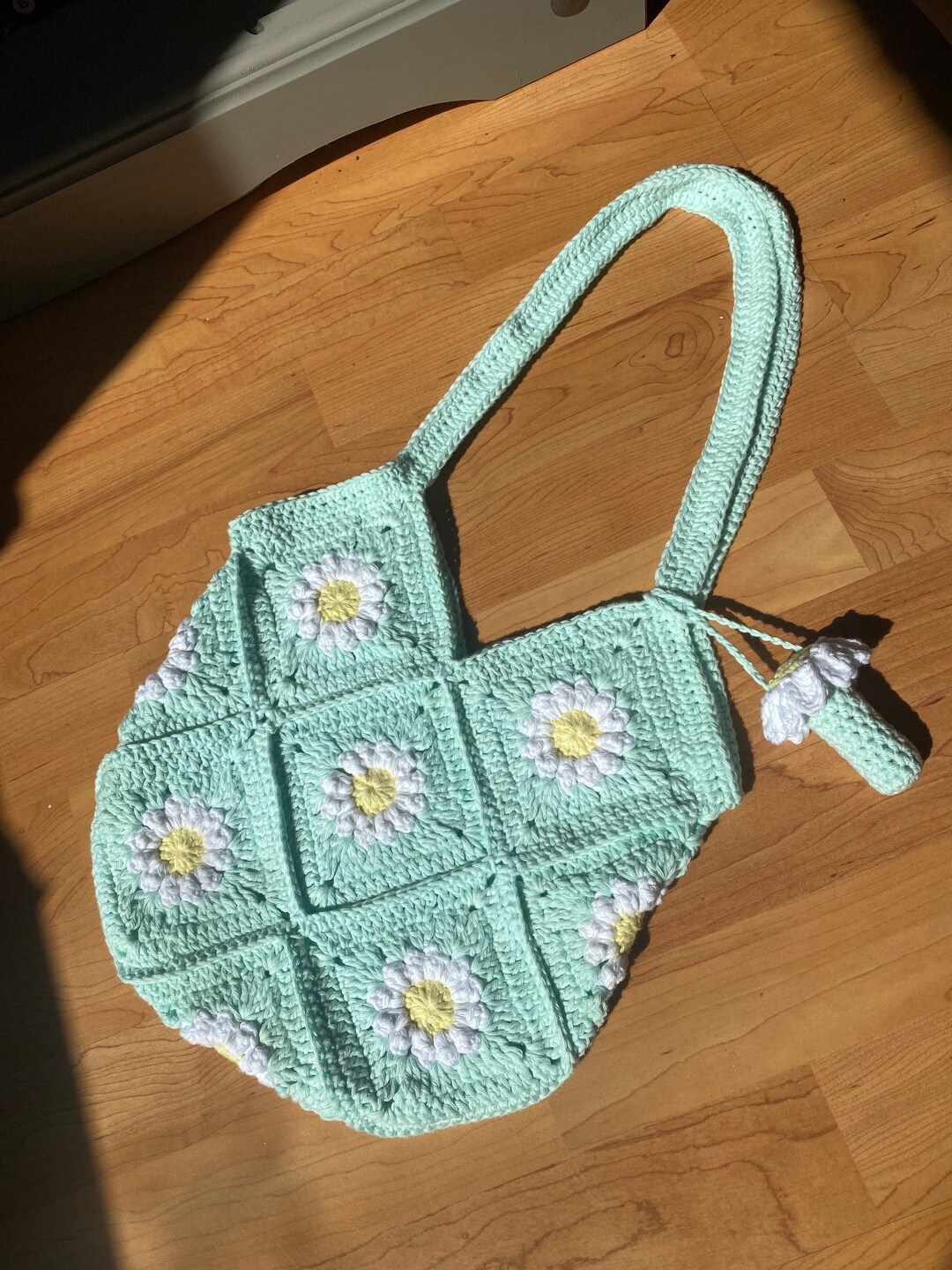 Mint Green Crochet Granny Square Tote Bag | Cute Daisy Crochet Bag ...