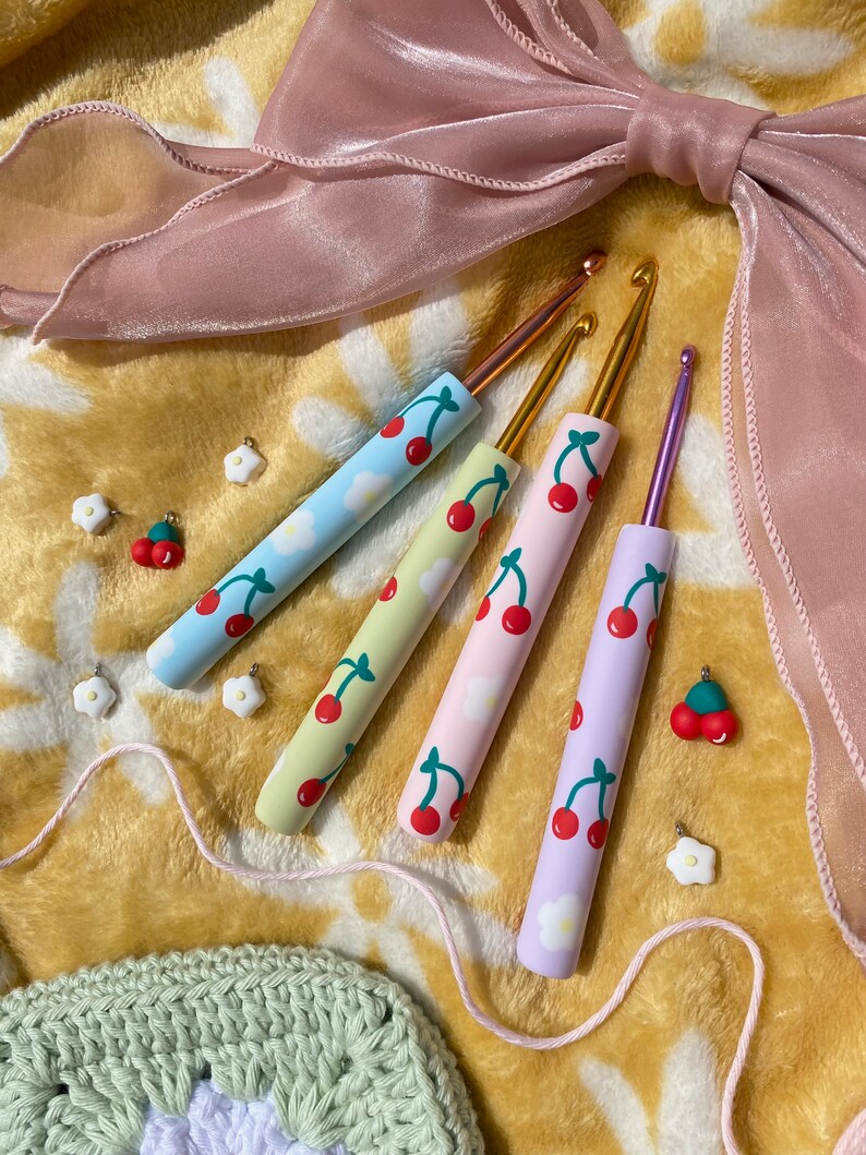 Pastel Cherry Crochet Hook Set | Cute Floral Ergonomic Custom Polymer ...