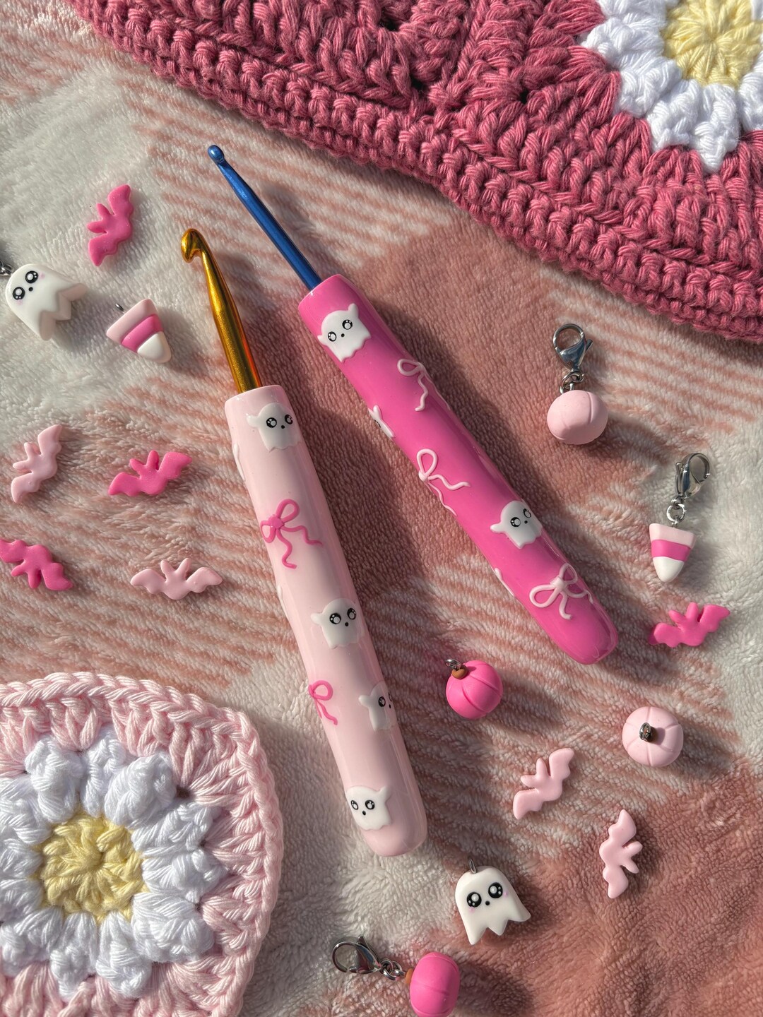 Pink Kawaii Ghost and Bows Crochet Hooks | Cute Hot Pink and Baby Pink ...