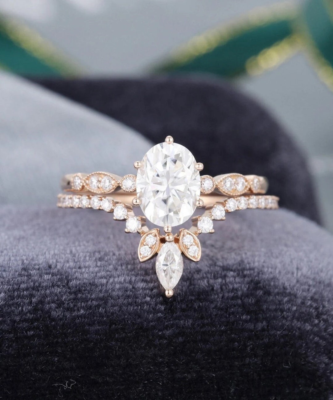 14K Rose Gold Wedding Ring Set Oval Moissanite Engagement Ring Vintage ...