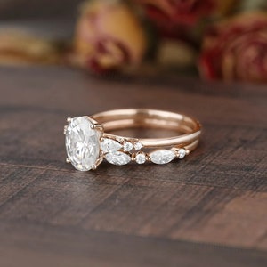 14K Rose Gold Wedding Ring Set Oval Moissanite Engagement Ring Oval Cut ...