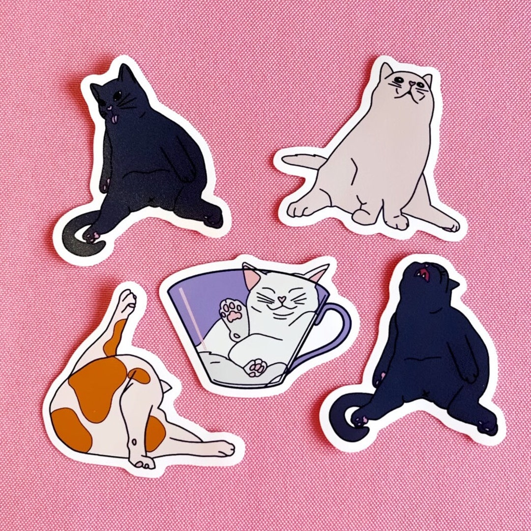 Aesthetic Meme Cat Stickers Set - Purple Pastel, Kawaii White Cat ...
