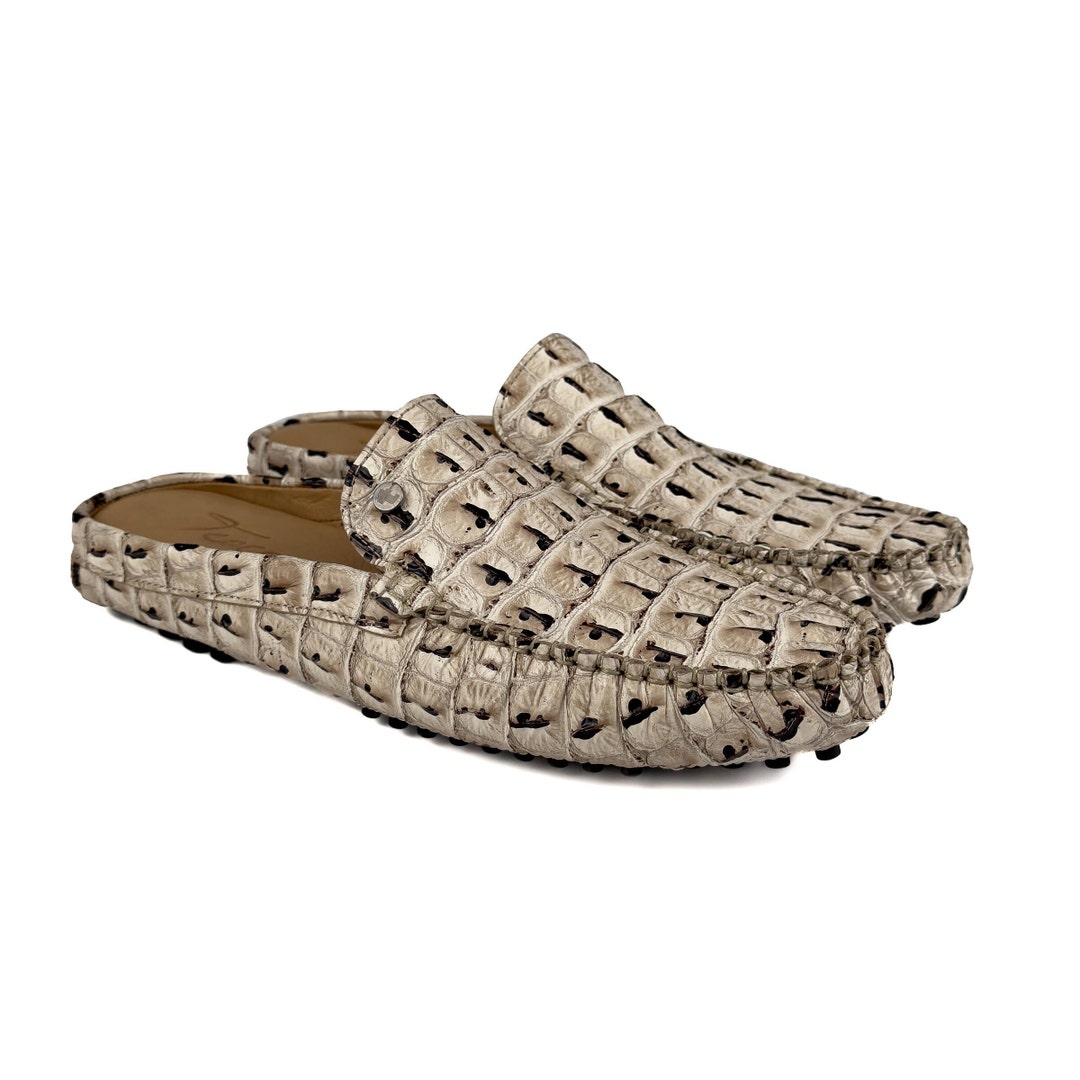 Knidos-1 White Genuine Leather Snake Print Men's Loafer Slippers / Men ...