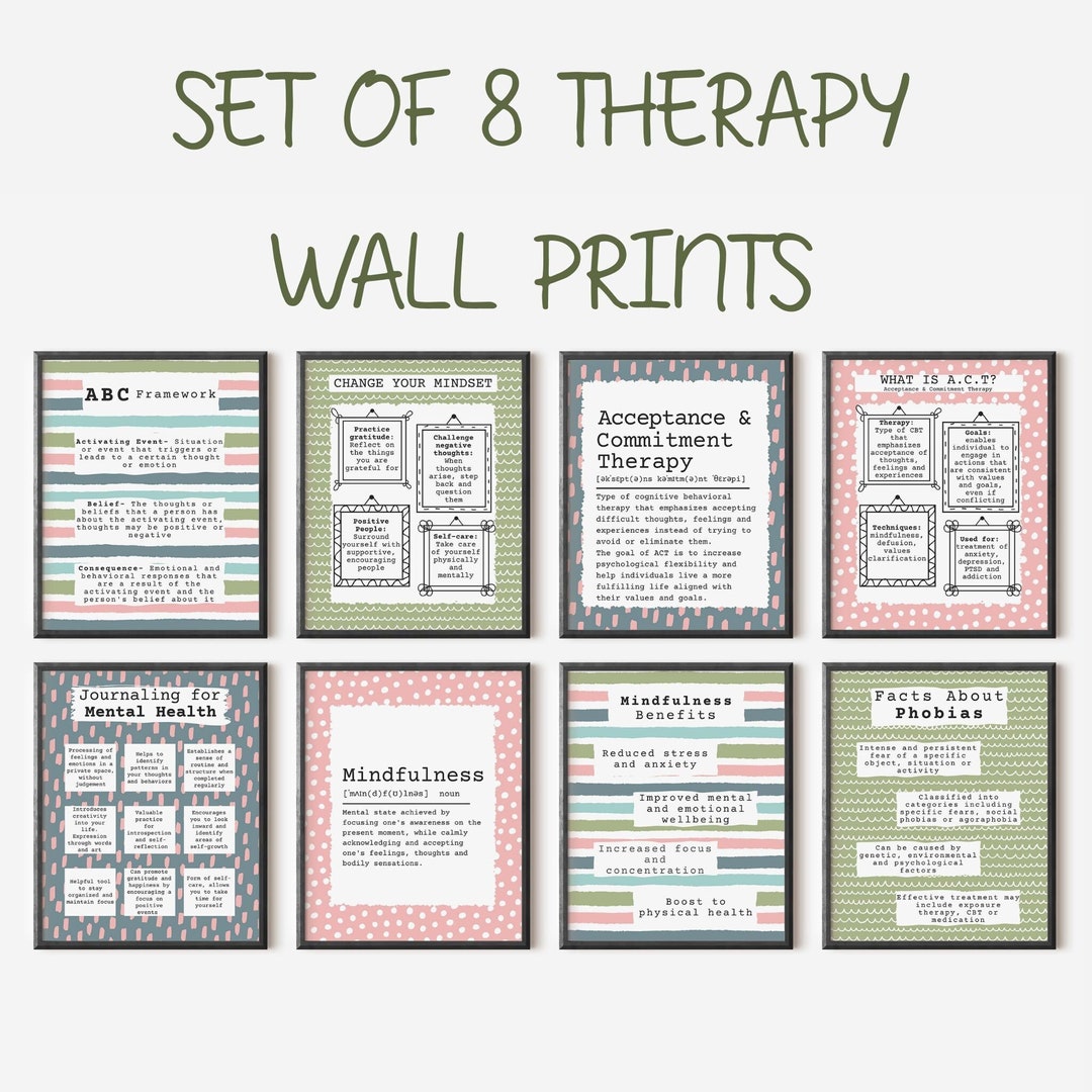 Set of 8 Therapy Room Prints, Contemporary Therapy Office Decor, Mental ...
