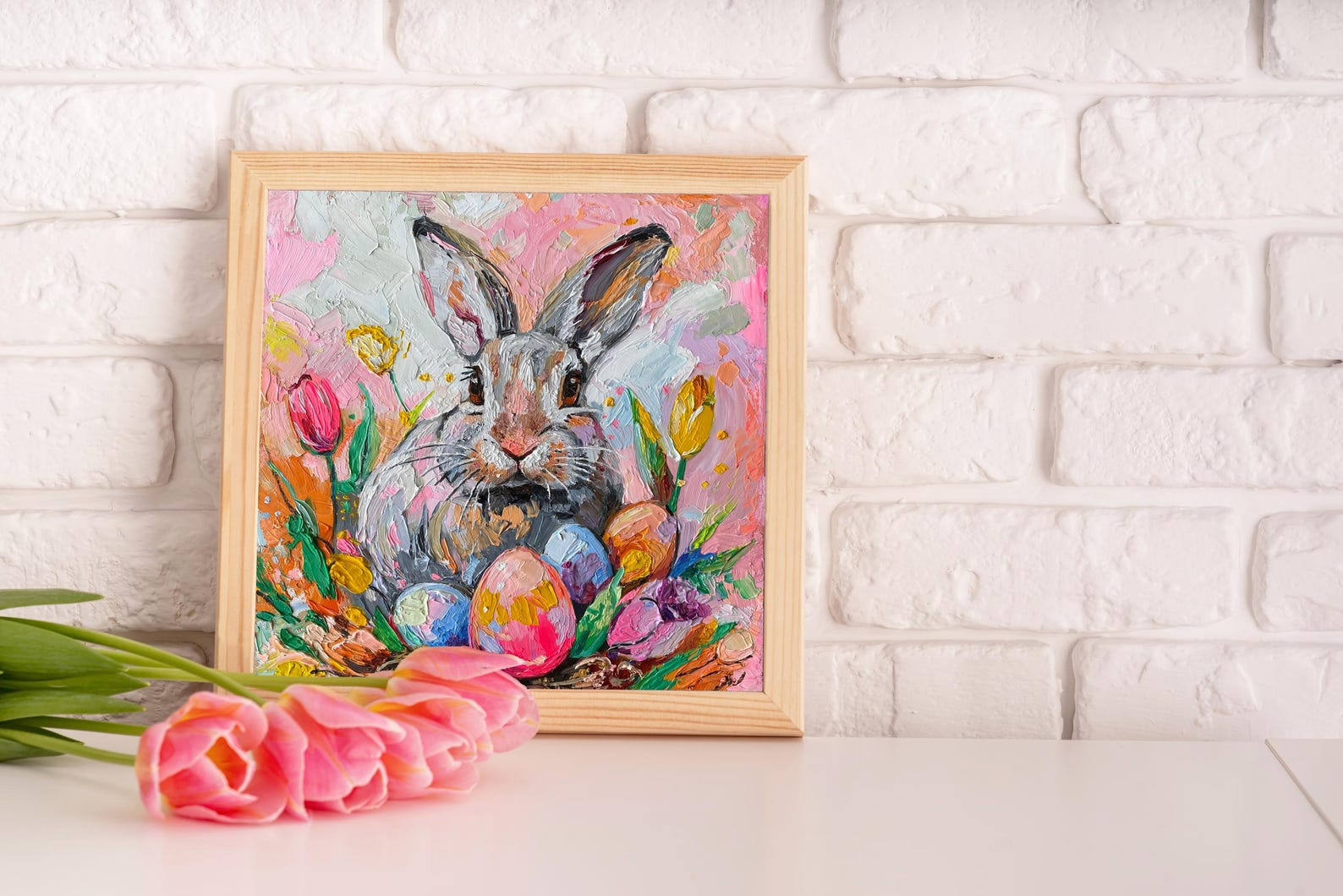 Easter Bunny in Eggs Tulips Painting Cub Animals Original Oil 10" by 10 ...