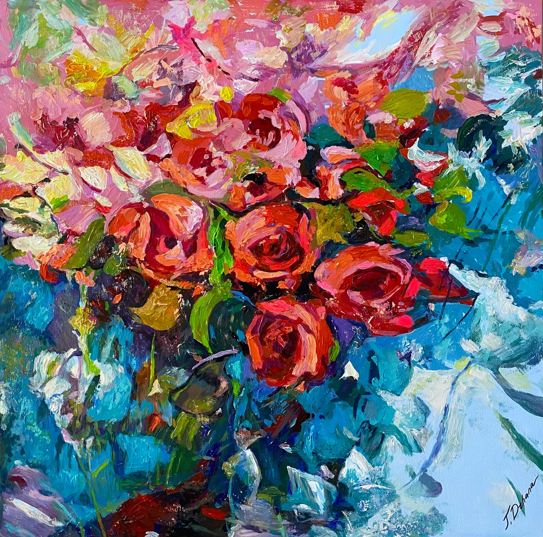Big Bouquet of Red Roses Original Art 39.3 х 39.3oil Painting Canvas ...