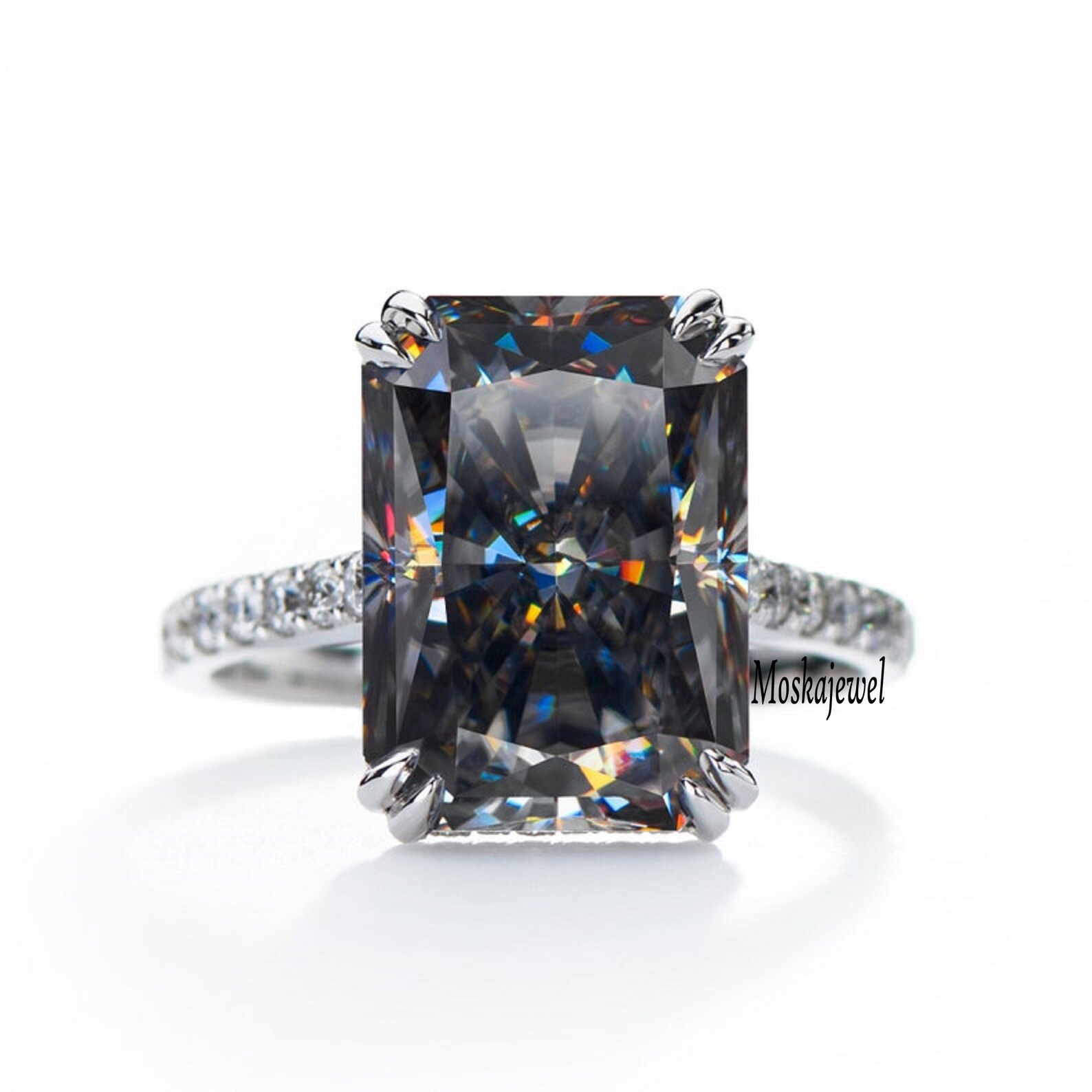Dark Grey Moissanite Engagement Ring 4.20 Ct Gray Radiant Cut ...