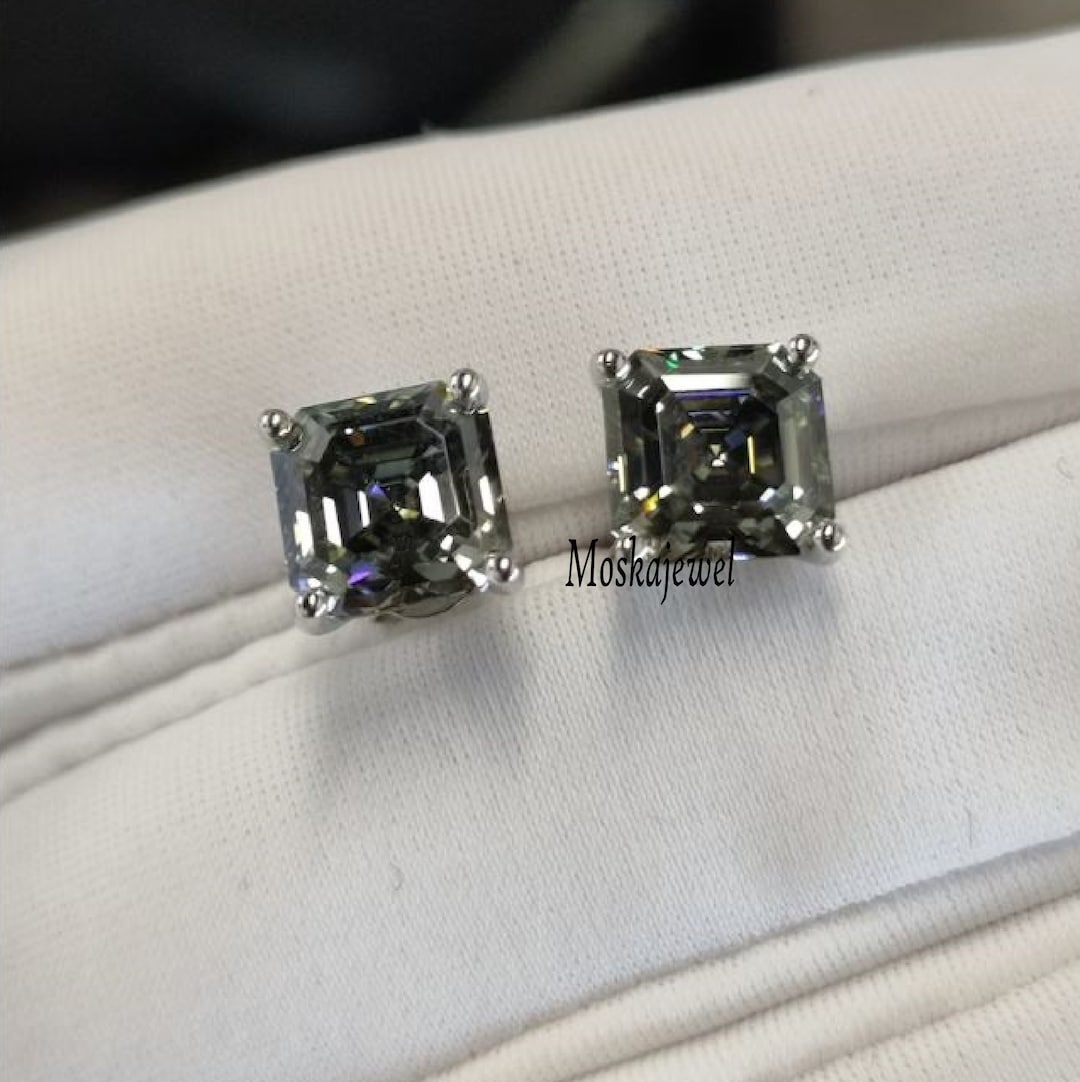 Grey Asscher Cut Moissanite Earrings 5.5 MM Dark Gray Asscher ...