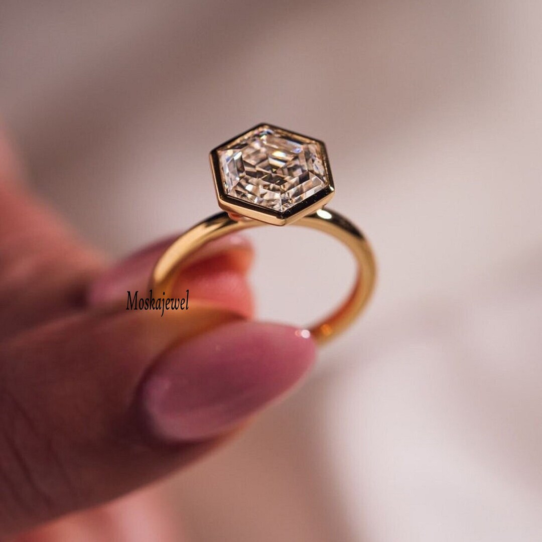Hexagon Shape Moissanite Bezel Engagement Ring 3.00 Ct Colorless ...