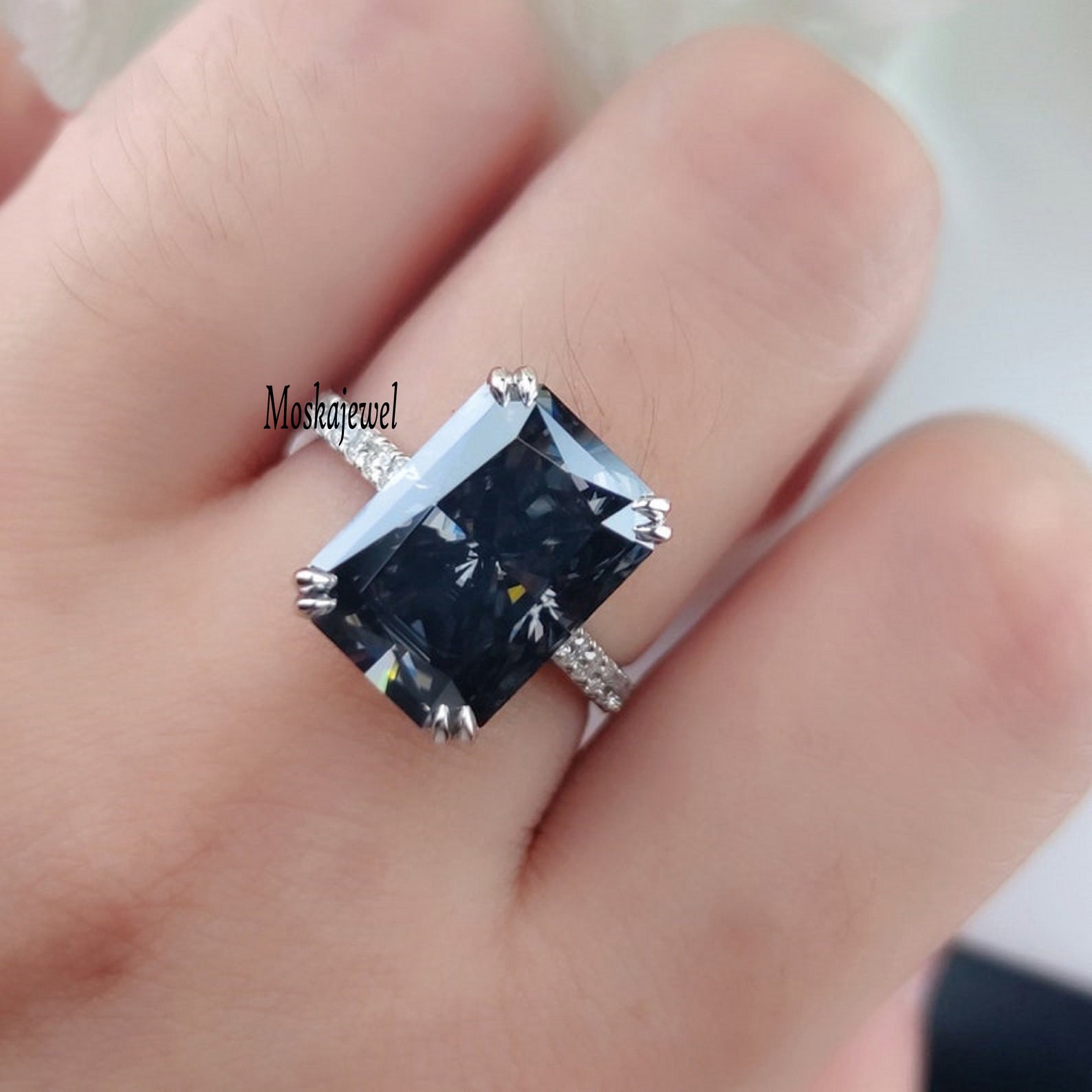 Dark Grey Moissanite Engagement Ring 4.20 Ct Gray Radiant Cut ...