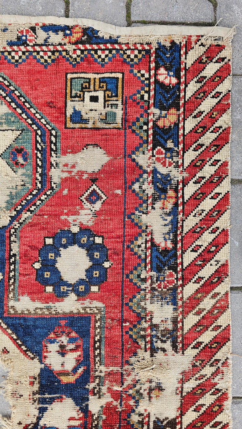 Antique Armenian Wool Rug: Natural Dyes, Geometric Design (3'1'' X 4'5 ...