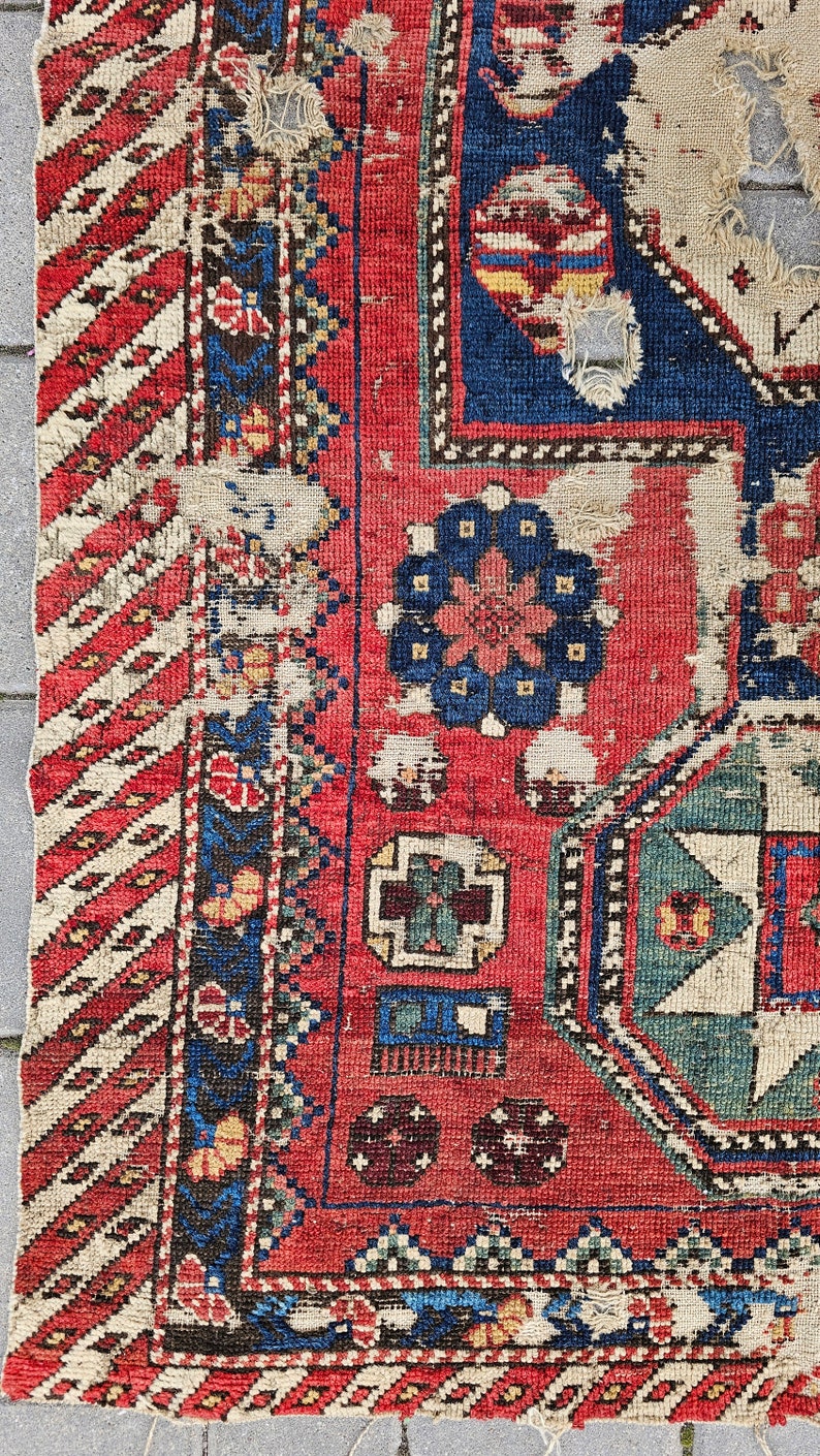 Antique Armenian Wool Rug: Natural Dyes, Geometric Design (3'1'' X 4'5 ...