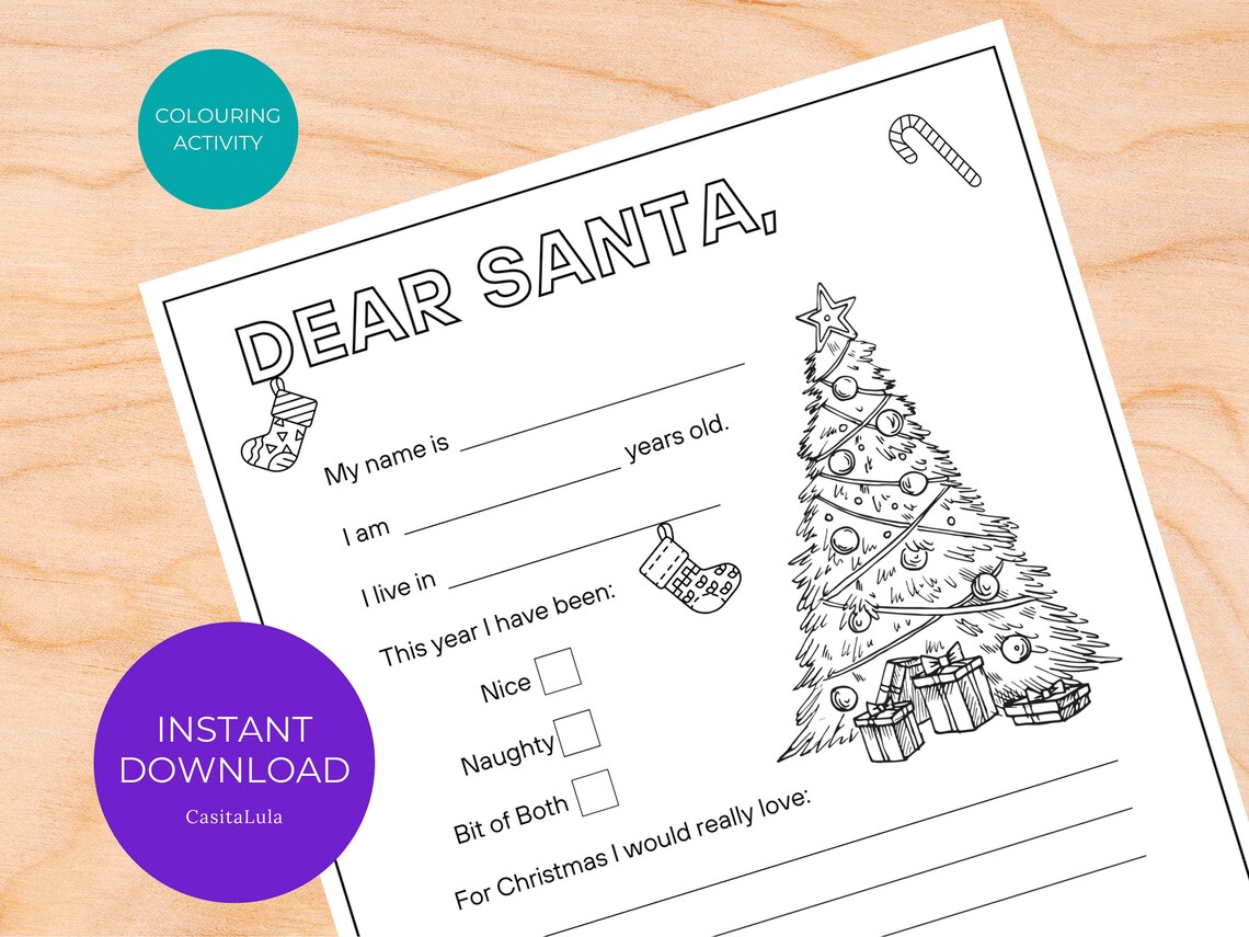 Dear Santa Letter - Printable Kids Coloring Santa List - Kids Colouring ...