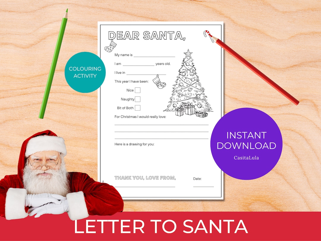 Dear Santa Letter - Printable Kids Coloring Santa List - Kids Colouring ...