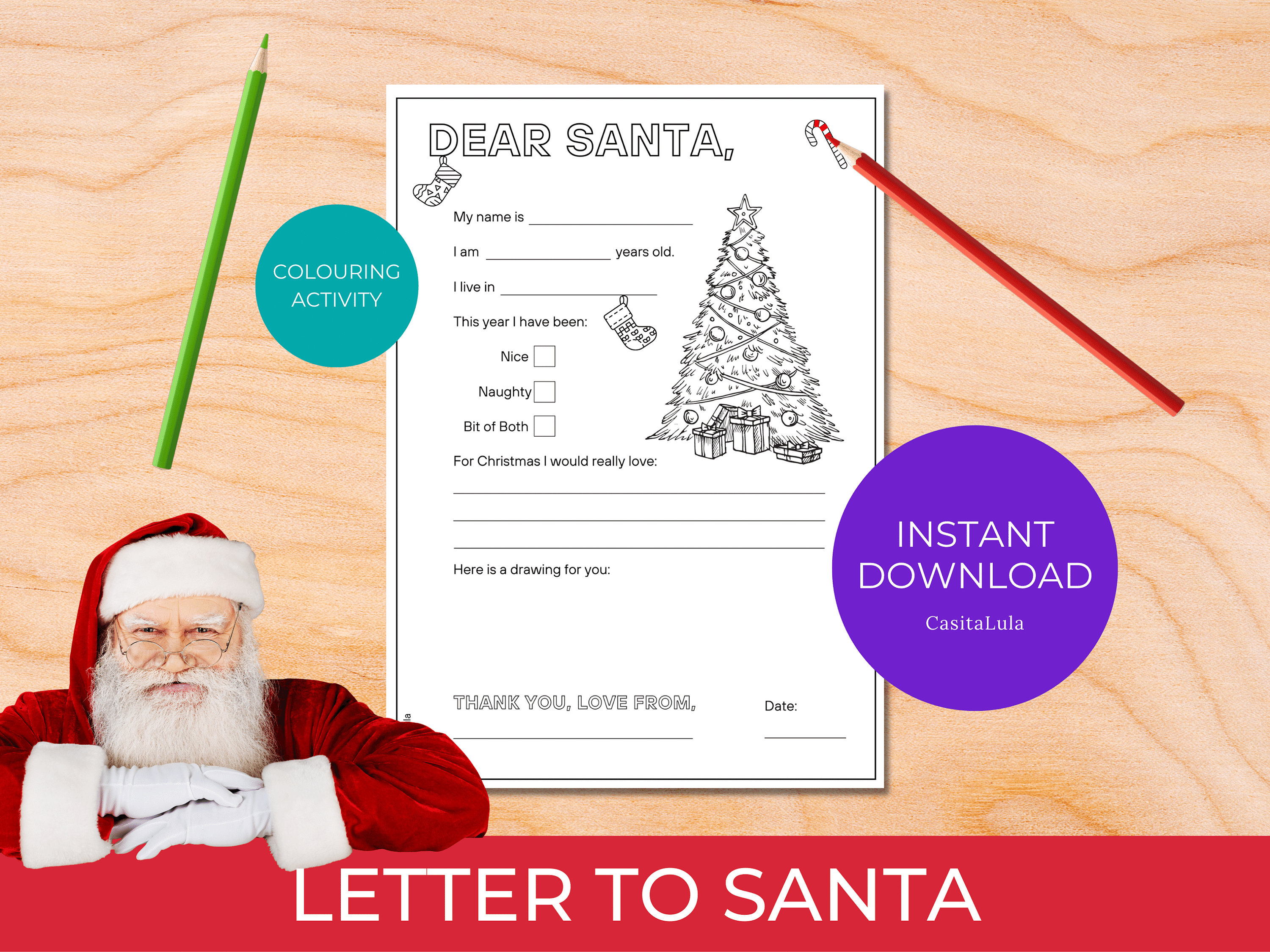 Dear Santa Letter - Printable Kids Coloring Santa List - Kids Colouring ...